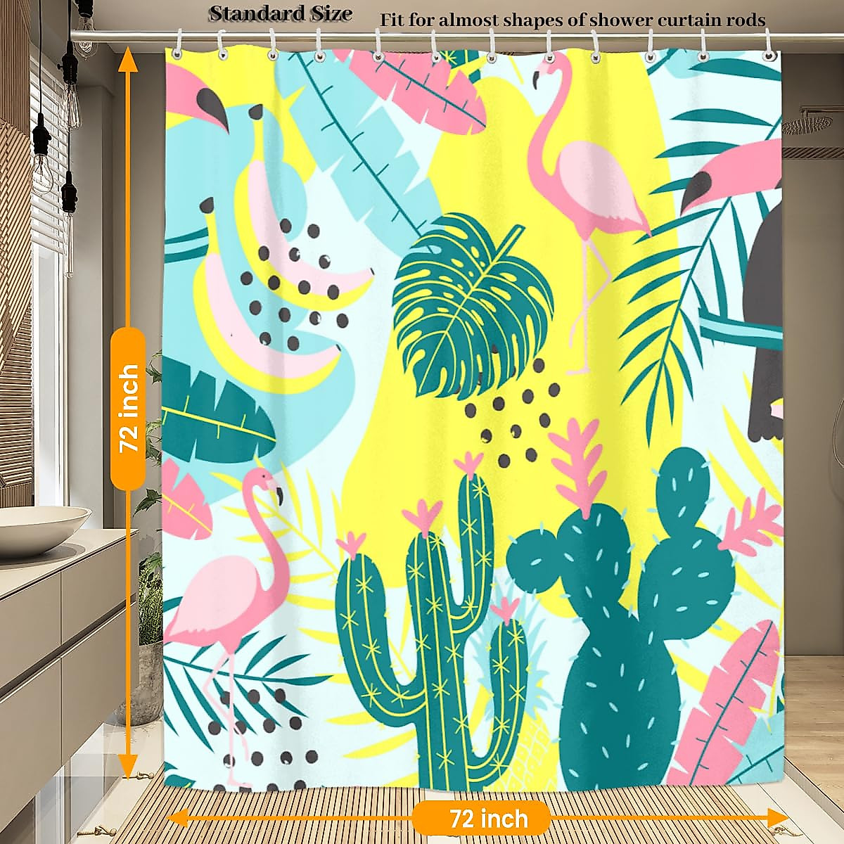 Aglebo Toucan Flamingos Cactuses Leaves Shower Curtain Fabric Shower Curtain Set with 12 Hooks Water-Proof 72 * 72 Inches for Bathroom Beach Caravan Hotel