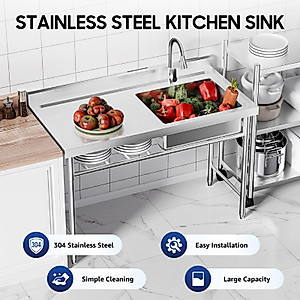 Stainless Steel Utility Sink, Single Bowl Free Standing Kitchen Sink with Faucet & Workbench, Topmount Kitchen Sink for Farmhouse, Bathroom, Bar, Laundry Room (47.24 * 23.62 * 31.5inch)