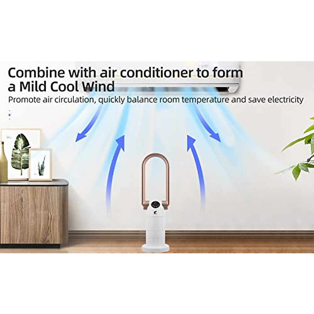 Bladeless Fan and HEPA Air Purifiers Combo, 29 inch Tower Fan with Remote, 120° Oscillating & 270° Tilt Head Table Fan, 9 Speeds 9 HoursTimer Air Circulator for Home Office Bedroom, White/Gold