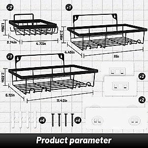 AJIJING 4 Pack Shower Caddy, Stainless Steel Black Shower Organizer Shelves with 8 Hooks and Soap Holder Adhesive Drilling Wall Mounted Bathroom Shower Storage Shelf for Inside Shower Toilet Kitchen Living Room