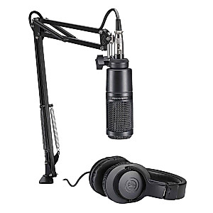 Audio-Technica AT2020 Podcasting Studio Microphone Pack with ATH-M20x Headphones, Boom & XLR Cable Bundle with H&A Tripod Microphone Stand with Telescoping Boom