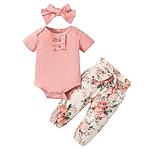 Mioglrie Newborn Baby Girl Clothes 3-6 Months Infant Girls Pink Romper Pants Headband 3PC Clothes Outfits Set