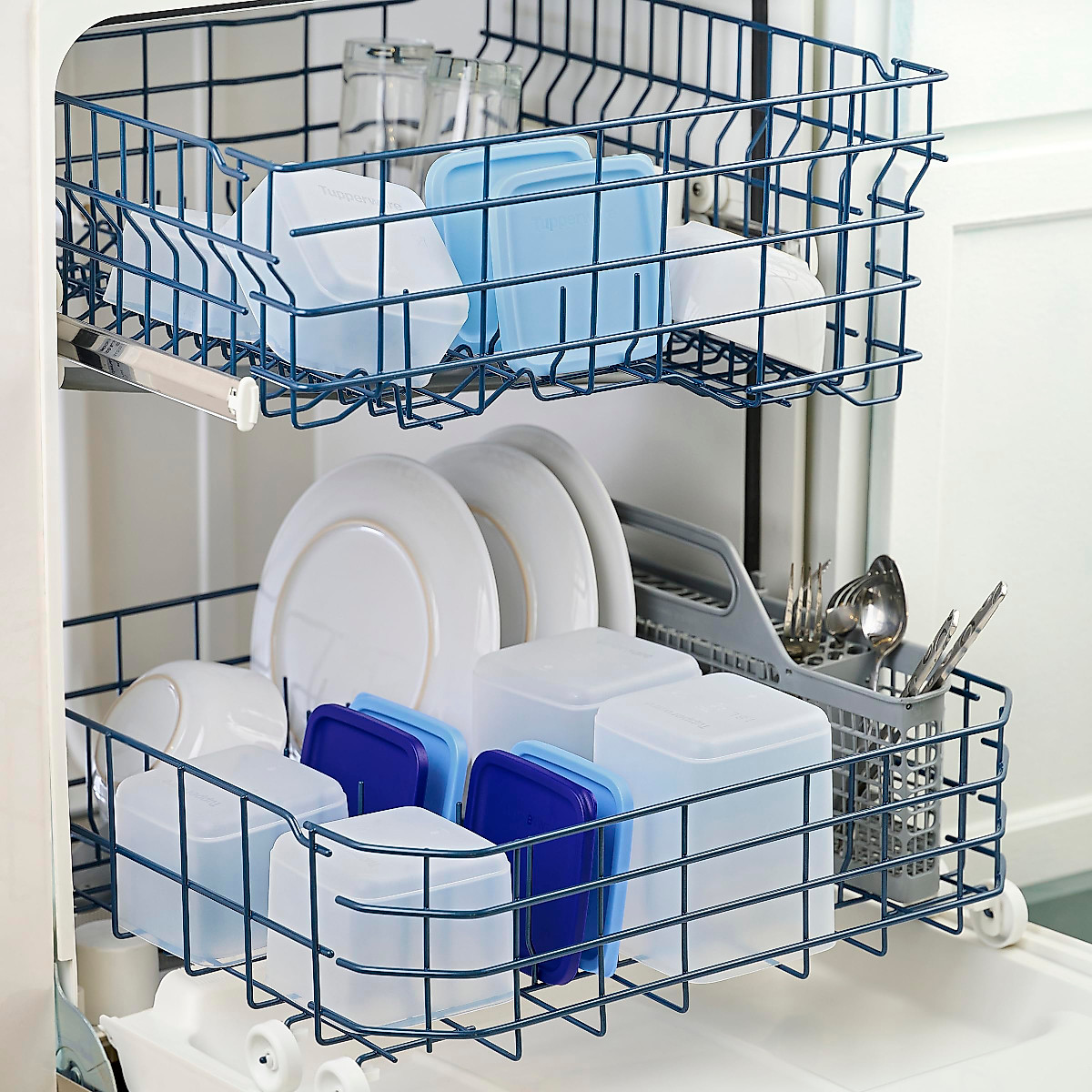 Tupperware Stacking Square Storage Set - Dishwasher Safe & BPA Free - (6 Clear Containers + 6 Blue Lids)