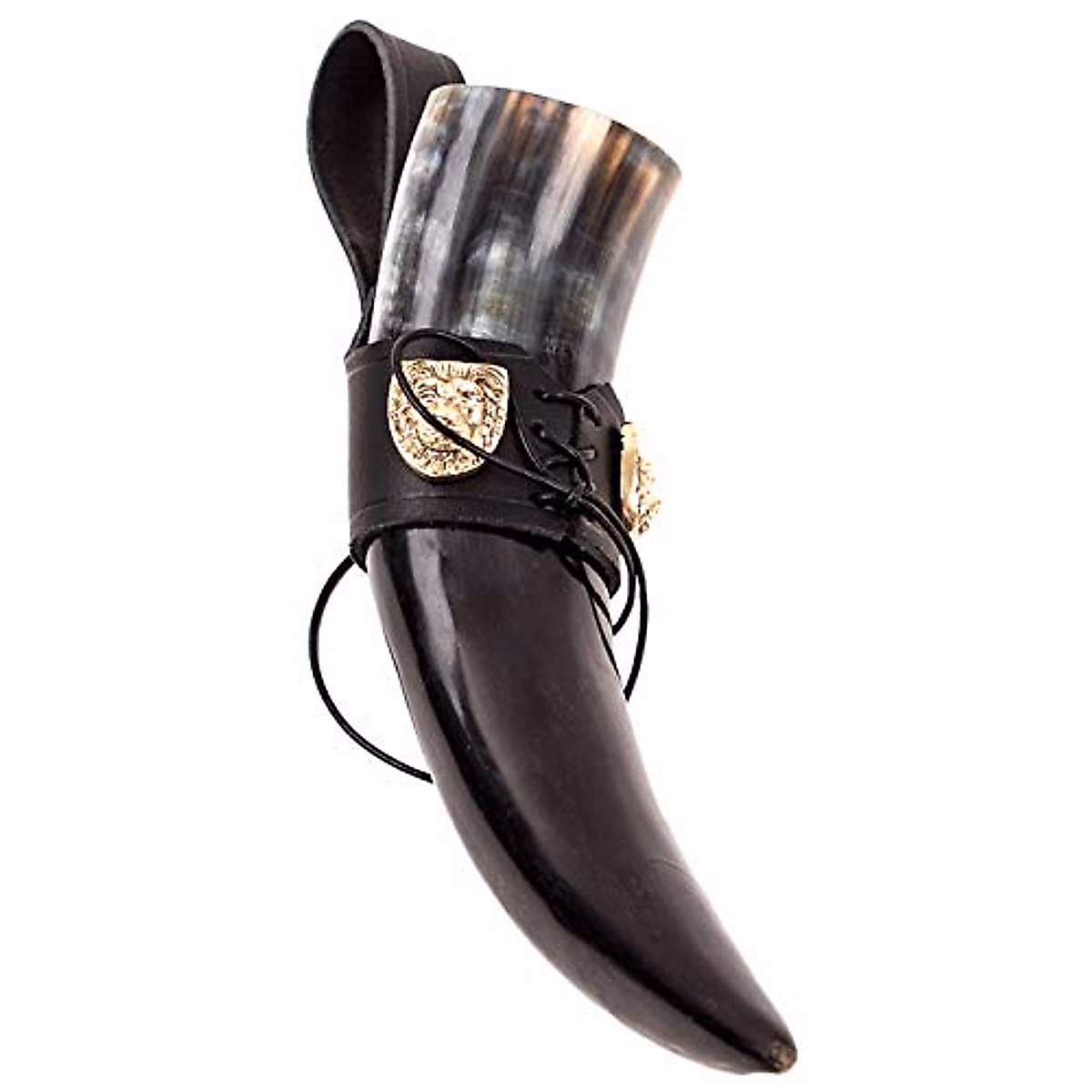 Mythrojan THE LION ALWAYS PAYS ITS DEBTS - Viking Drinking Horn with Black Leather holder Authentic Medieval Inspired Viking Wine/Mead Mug – Polished Finish