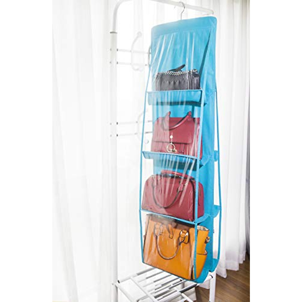 Amelitory Hanging Handbags Holder for Closet 4 Shelf Purse Bags Storage 8 Compartment Dust-Proof Organizer Lake Blue