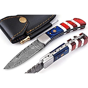 SagaCity Damascus Pocket Knife, 7.4” Inches American Flag Damascus Folding Knife, Damascus Knife, Custom Pocket Knife for Men, Sharp Pocket Knife with Real Leather Sheath; 501