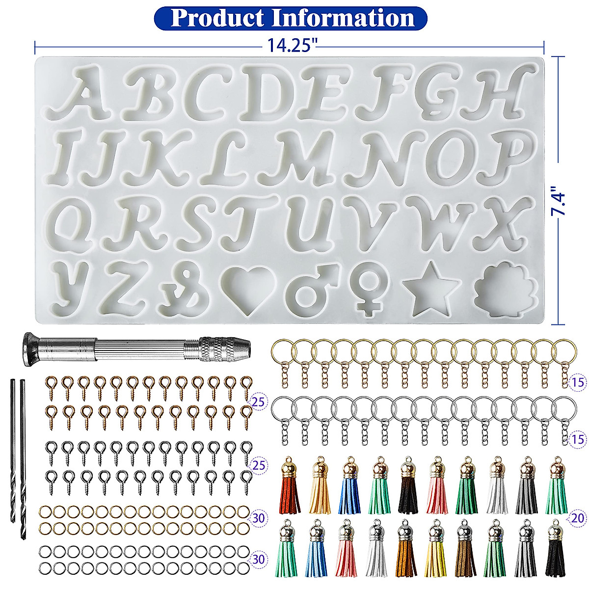 ISSEVE 164Pcs Obverse Alphabet Resin Molds Kit, Silicone Molds for Resin Casting DIY, Letter & Ornament Epoxy Molds Resin Keychain Making Set with 1 Hand Drill 2 Drill Bits 160Pcs Keychain Supplies