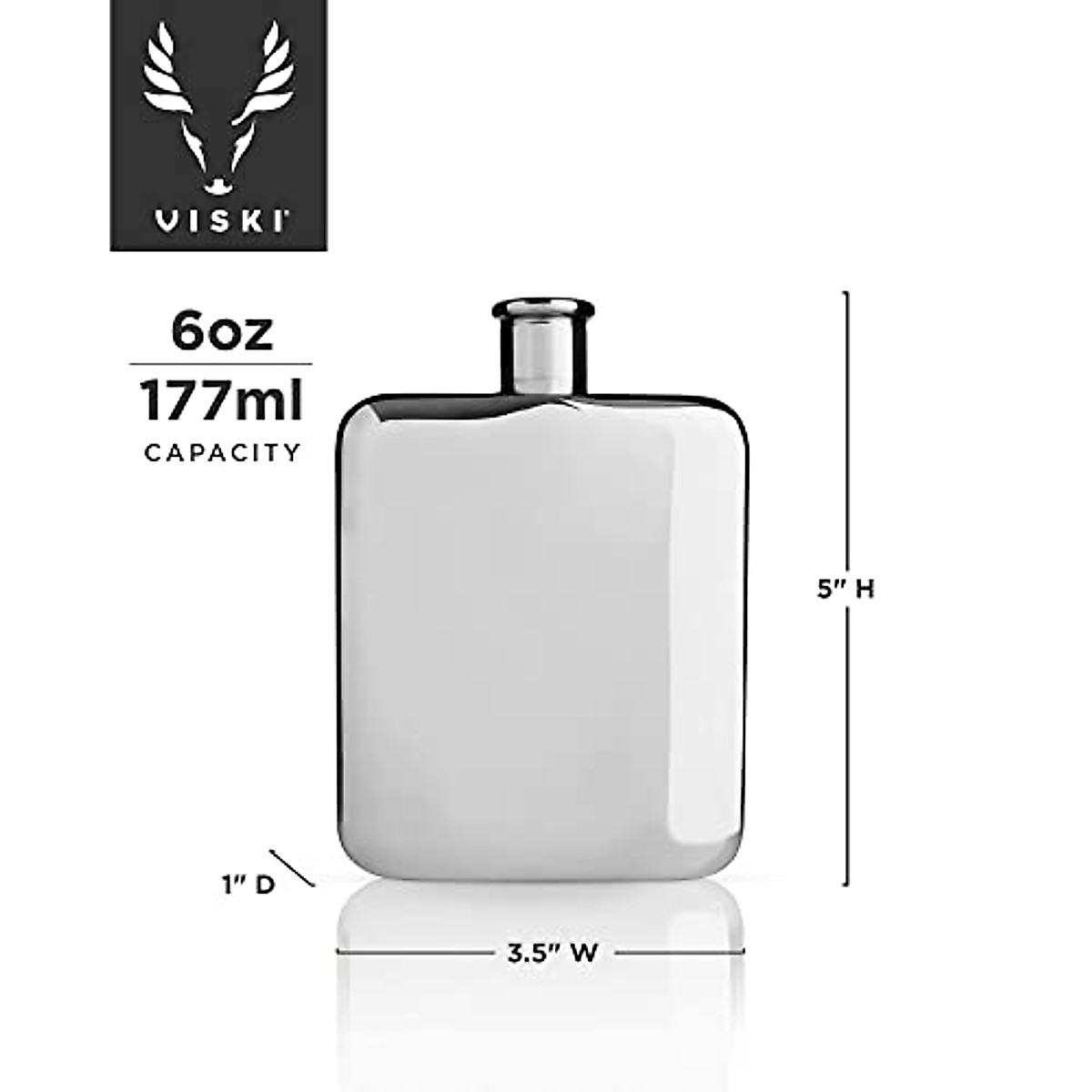 Viski Silver Flask, Polished Stainless Steel Flask with Screw Top for Alcohol, Liquor Flask for Men, 6 Ounces, Set of 1
