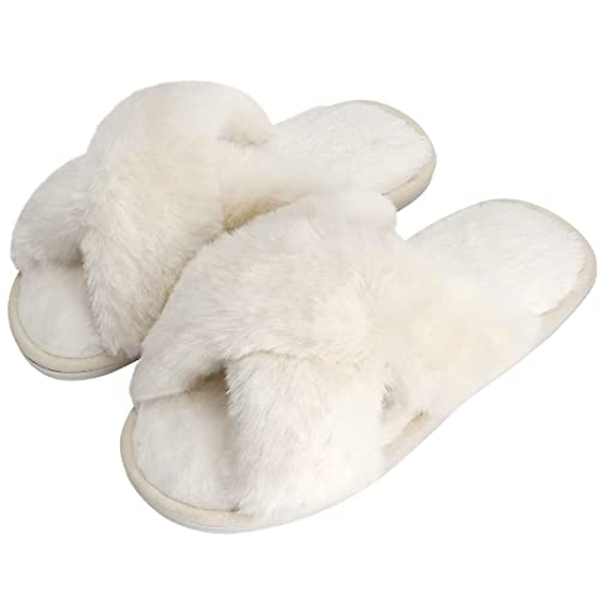 DOIOWN Women's Fuzzy Beige Slippers Memory Foam Cute House Slippers Plush Fluffy Furry Open Toe Home Shoes Bridal Bridesmaid Gifts for Wedding (Size 9-10)