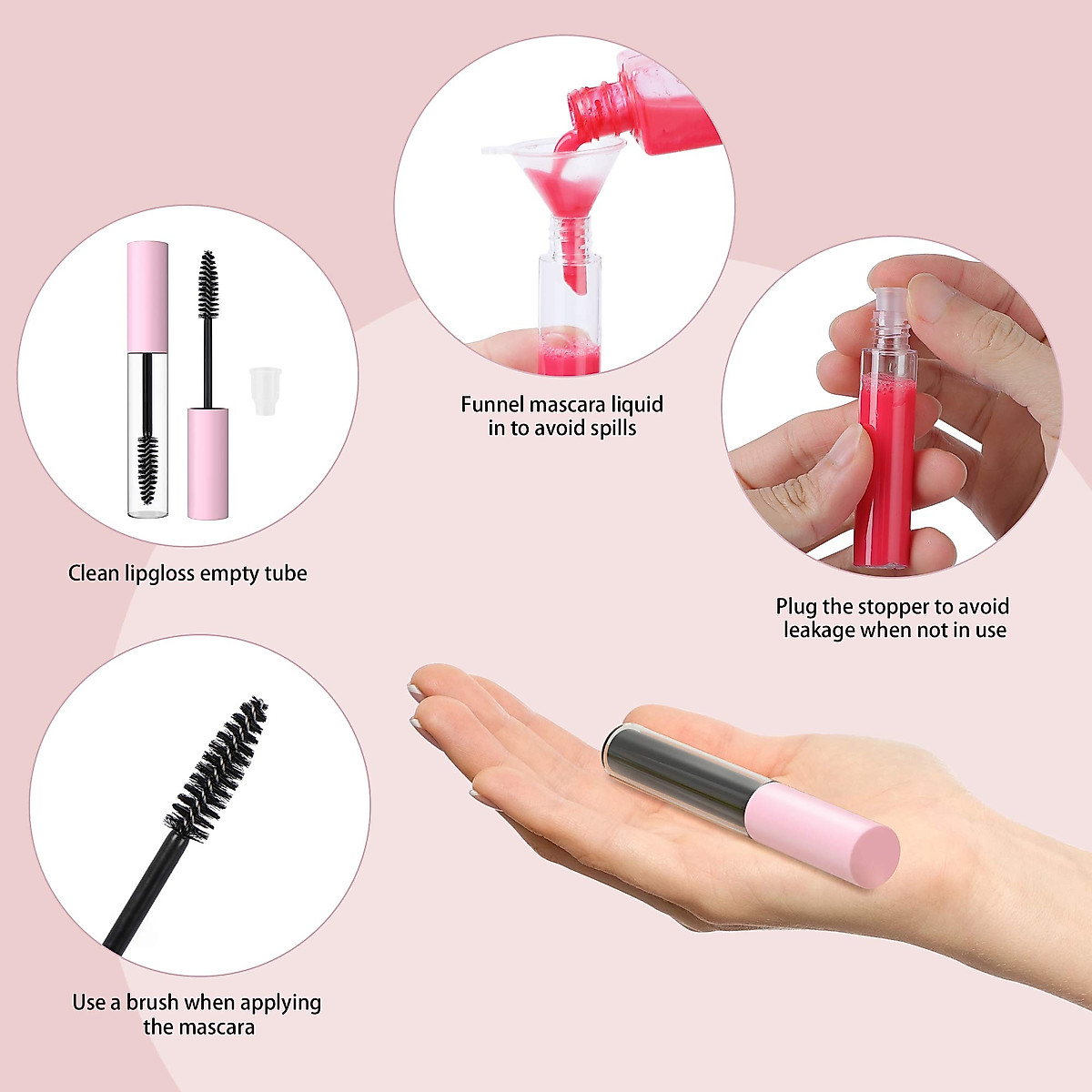 RONRONS 24 Pieces 10ml Mini Mascara Tube Empty Castor Oil Container with Pink Cap Eyelash Wand Brush and Rubber Inserts for Home and Travel DIY Makeup Artist