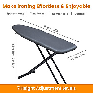 Ironing Board Bumkimue, Compact and Space Saver Iron Board, Height Adjustable up to 36", 3 Layer Cover Pad, 4-Leg Fold-Up, for Home Laundry Room or Dorm Use (Size 43x13 in)
