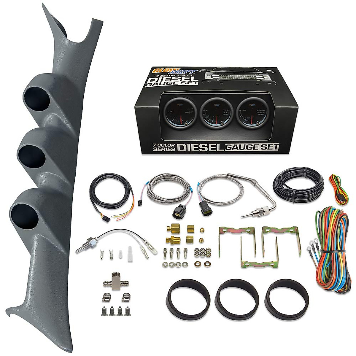 GlowShift Diesel Gauge Package Compatible with Ford Super Duty F-250 F-350 6.0L 7.3L Power Stroke 1999-2007 - Tinted 7 Color 60 PSI Boost, 1500F EGT & Transmission Temp Gauges - Gray Triple Pillar Pod