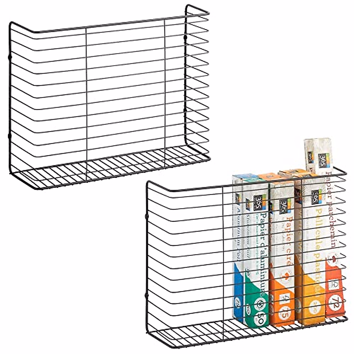 mDesign Portable Metal Farmhouse Wall Decor Angled Storage Organizer Basket Bin for Hanging in Kitchen/Pantry - Store Plastic Bags, Foils, Oils, Sandwich Bags, 2 Pack - Black