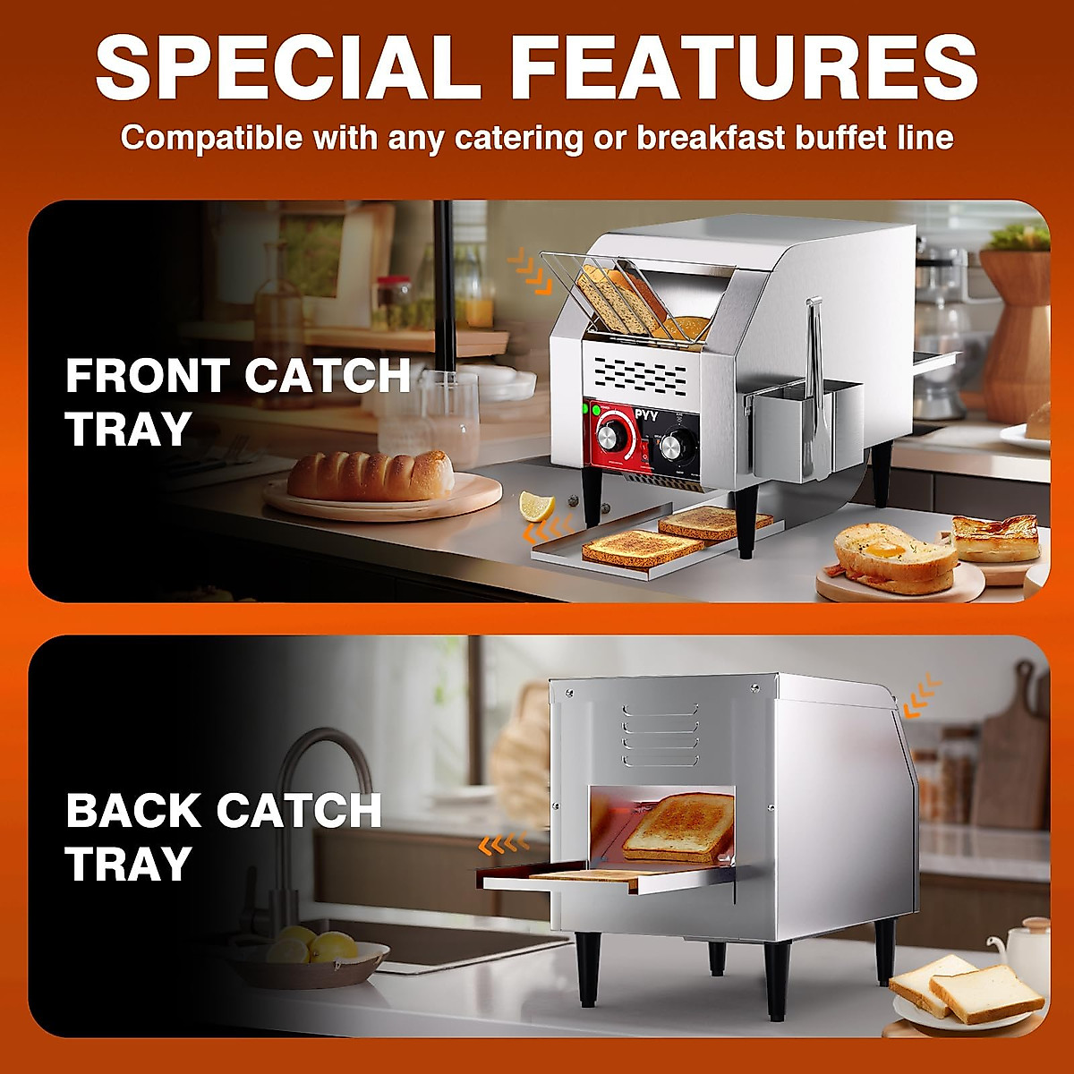 PYY Commercial Conveyor Toaster - 150 Slices/Hour Conveyor Belt Toaster, Heavy Duty Stainless Steel Commercial Toaster Oven, Electric Restaurant Commercial Toaster for Bagel, Bread, Silver, 1500W