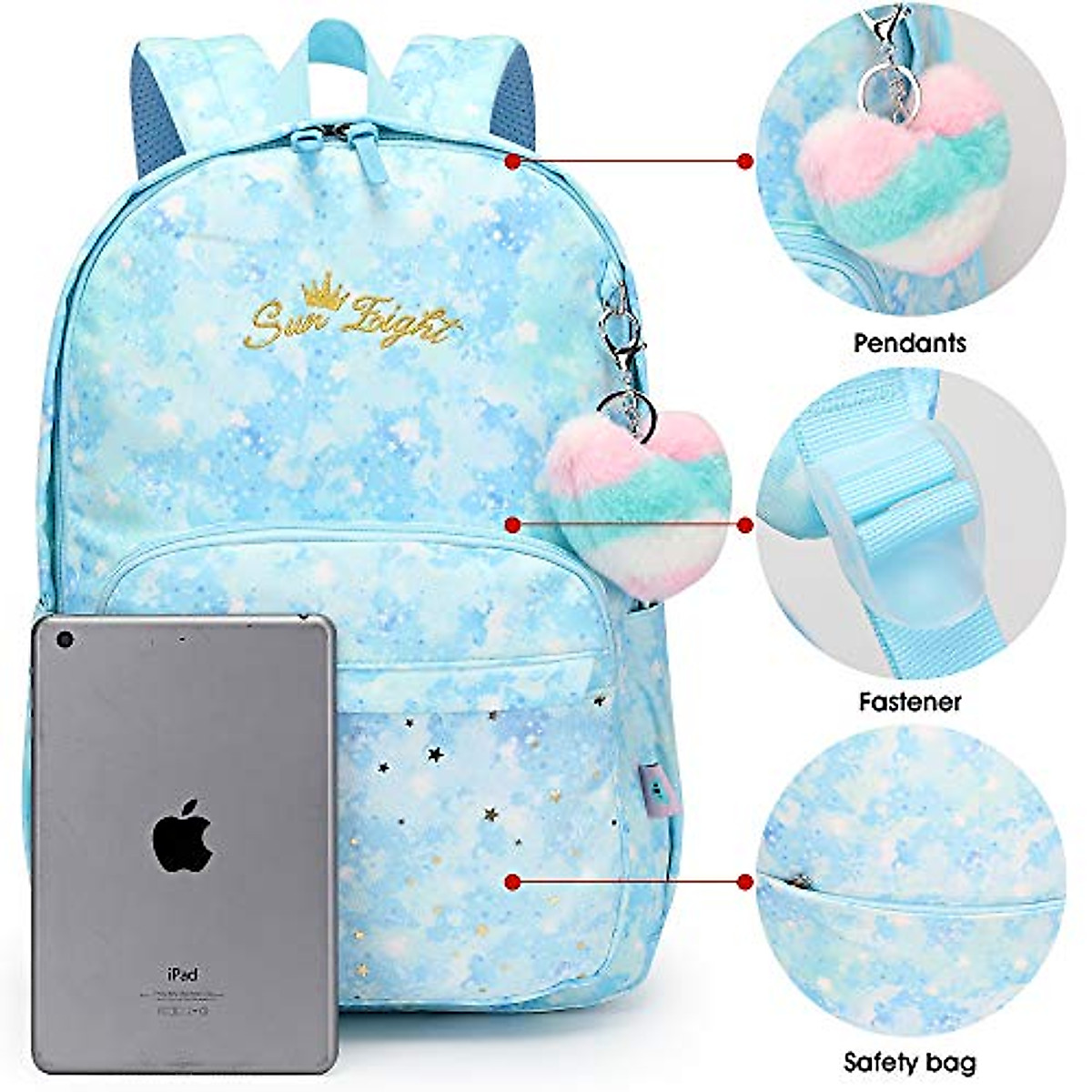 Caran·Y Waterproof Girls Backpack for Kids in Elementary School bag Large space Love decoration Starry pattern Fit Over 6 years old Backpack for Toddler Girls Book Bag（Aqua Blue）