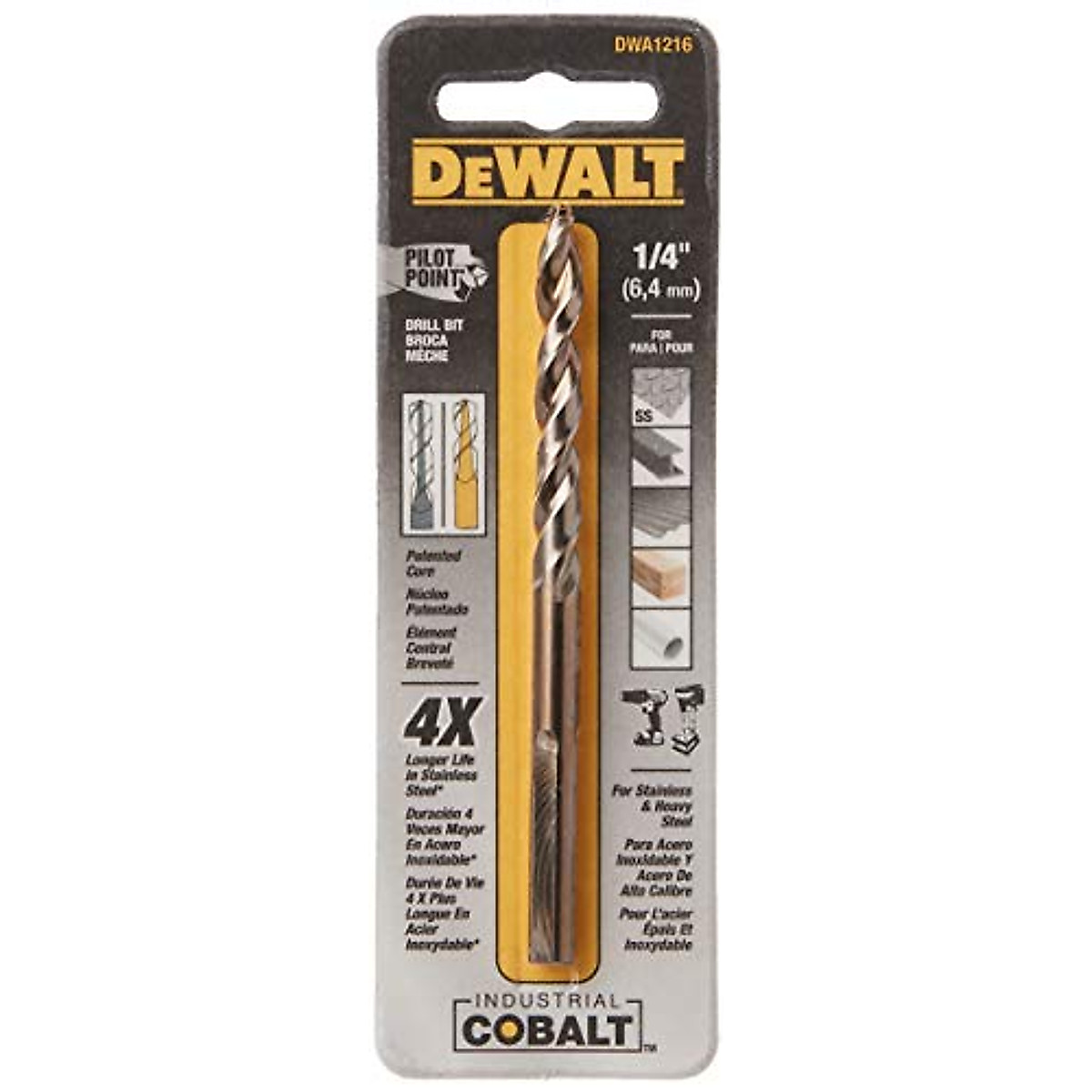 DEWALT Drill Bit, Pilot Point, Industrial Cobalt Alloy Steel, 1/4-Inch (DWA1216)
