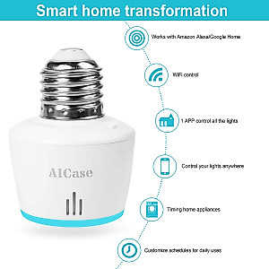 AICase Smart WiFi E27/E26 Light Socket, [2 Pack] Intelligent WLAN Home Remote Control Light Lamp Bulb Holder Compatible with Alexa and Google Home-White