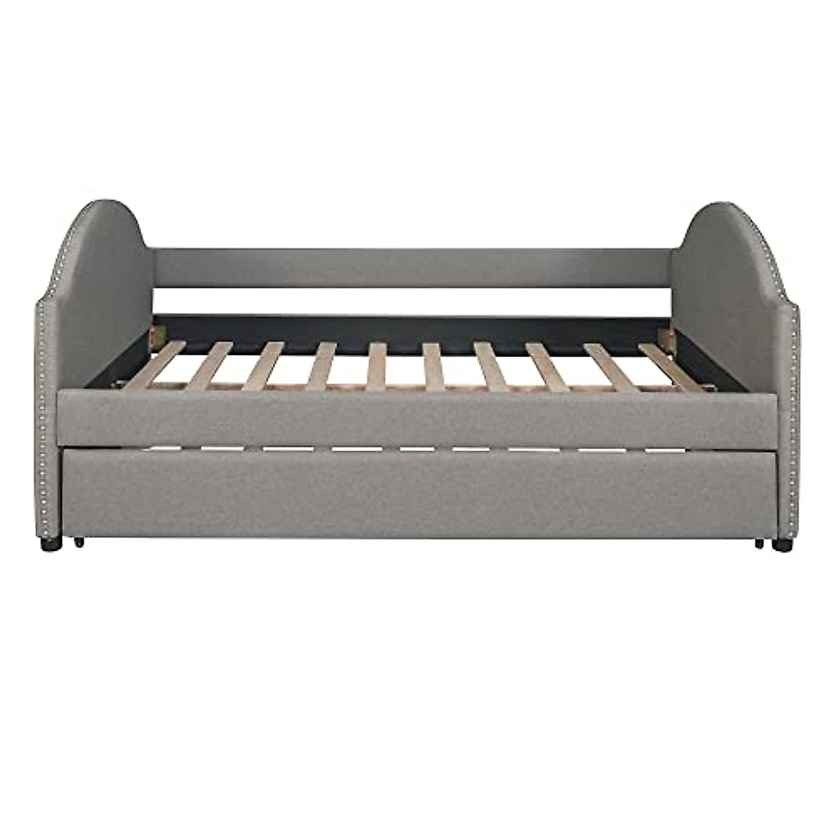 DRELOFT Full Size Upholstered Daybed with Strong Durable Pull-Out Trundle and Legs, Full Day Bed Sofa Bed with Wood Slat Support for Living Room Bedroom Guestroom, No Box Spring Needed, Gray