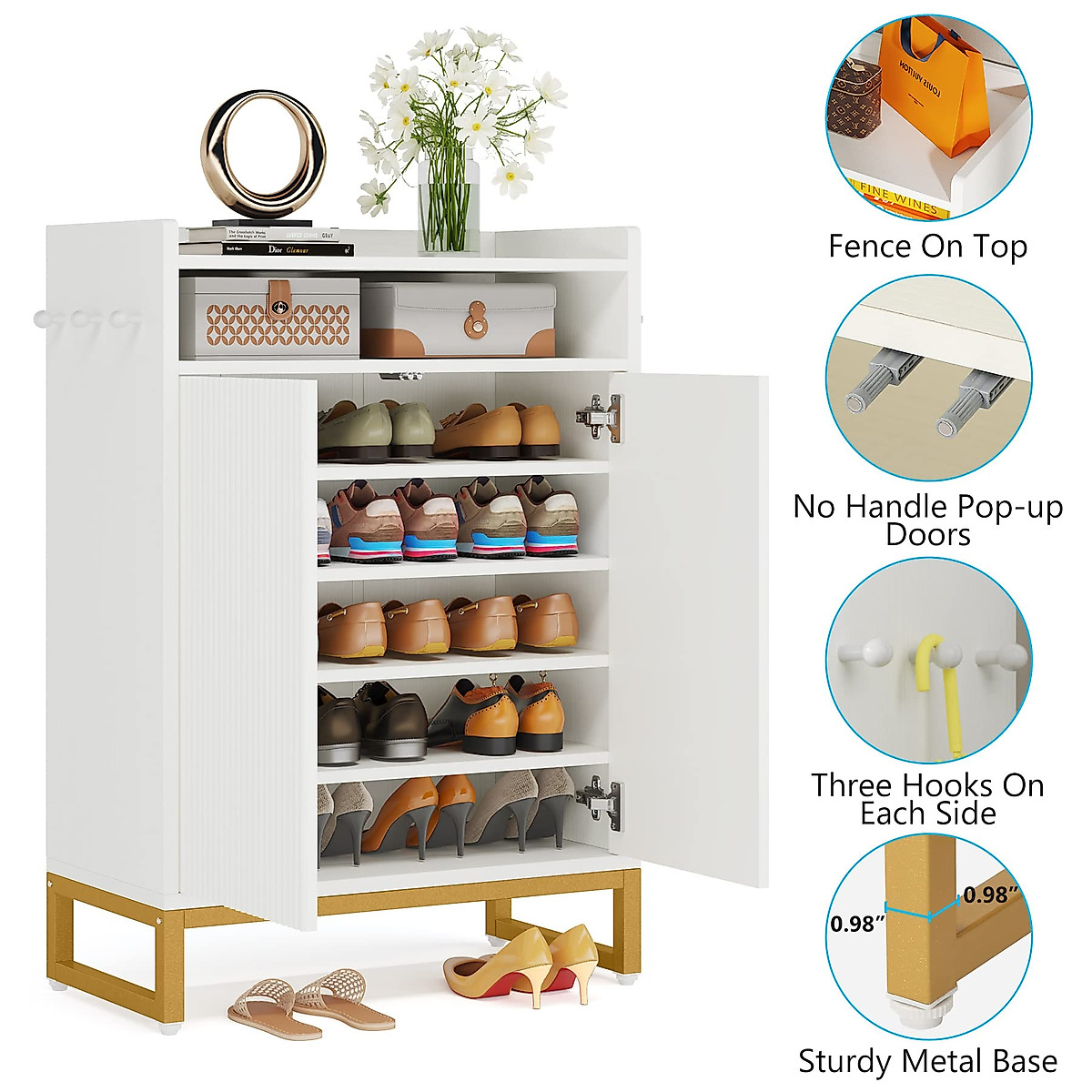 Tribesigns Shoe Cabinet 5-Tier Shoe Storage Cabinet with Open Shelves & Hooks, Freestanding Wooden Shoe Rack Storage Modern Shoe Organizer for Entryway, Hallway (White & Gold)