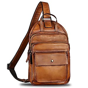 IVTG Genuine Leather Sling Bag for Men Vintage Crossbody Hiking Shoulder Bag Backpack Retro Cowhide Handmade Casual Daypack Purse Fanny Bag (Brown)