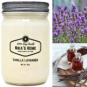 Nika's Home Vanilla Lavender Soy Candle 12oz Mason Jar Non-Toxic White Soy Candle-Hand Poured Handmade, Long Burning 50-60 Hours Highly Scented All Natural, Clean Burning Candle Gift Décor