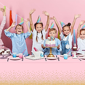 FunnyPars 4 Pack Pink and Gold Plastic Tablecloth for Parties, Disposable Table Cloth Rectangle Tables, Stamping Dot Confetti Light Birthday Wedding Baby Shower Party, 54''x108''