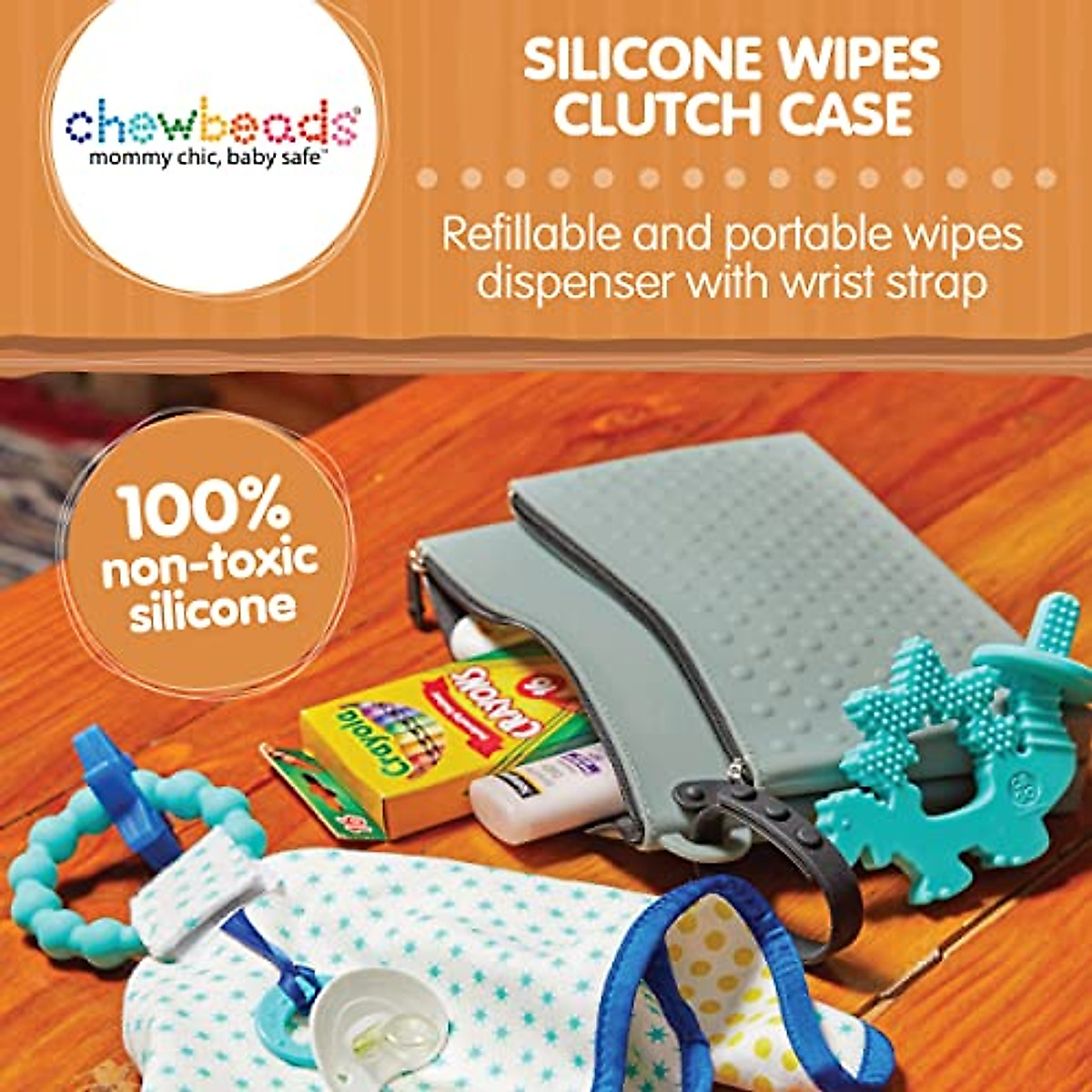 Chewbeads Silicone Wipes Clutch Case - 100% Silicone Baby Wipes Case - Refillable and Portable Wipes Dispenser with Wrist Strap - Bright Pink