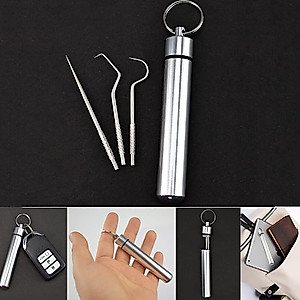 Angzhili 3 Pcs/Set Stainless Steel Toothpicks Kit,Reusable Tooth Picks Set,Portable Pocket Toothpick,Travel Toothpicks with Holder for Travel, Outdoor
