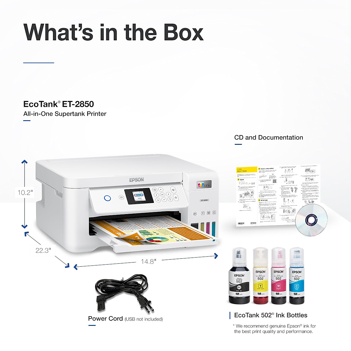 Epson EcoTank ET-2850 Wireless Color All-in-One Cartridge-Free Supertank Printer with Scan, Copy and Auto 2-Sided Printing. Full 1-Year Limited Warranty - White (Renewed Premium)