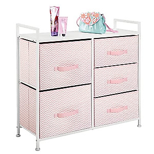 mDesign 30.03" High Steel Frame/Wood Top Storage Dresser Furniture Unit with 5 Removable Fabric Drawers - Tall Bureau Organizer for Bedroom, Living Room, Closet - Spira Collection - Pink/White