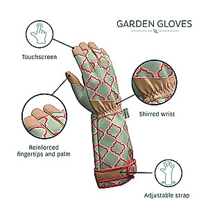 Digz Rose Pruning Vegan Leather Garden Gloves, Long Forearm Protective Cuff with Touchscreen Compatible Finger Tips, Red Geometric Pattern, Medium