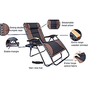 LUCKYBERRY Deluxe Oversized Padded Zero Gravity Chair XL Brown Black Cup Holder Lounge Patio Chairs Outdoor Yard Beach Support 350lbs, (Brown)