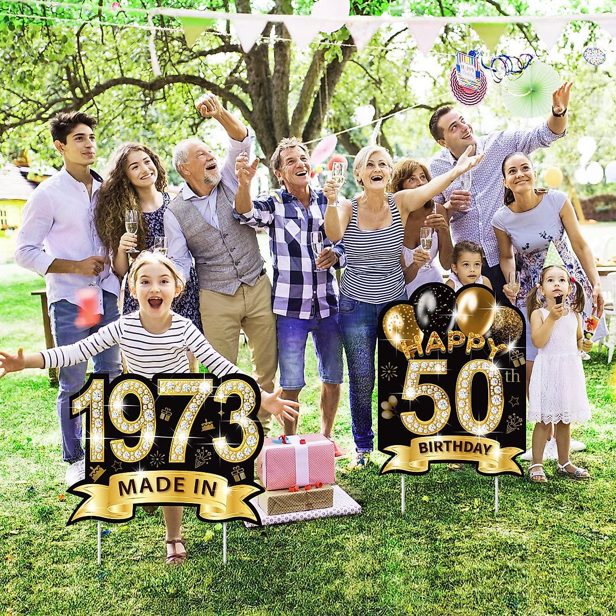 2Pcs 50th Birthday Yard Sign Decorations with Stakes, Large Size 16'' Black Gold Happy 50th Birthday Made in 1973 Waterproof Outdoor Lawn Signs Decor for Men Women Birthday Party Supplies