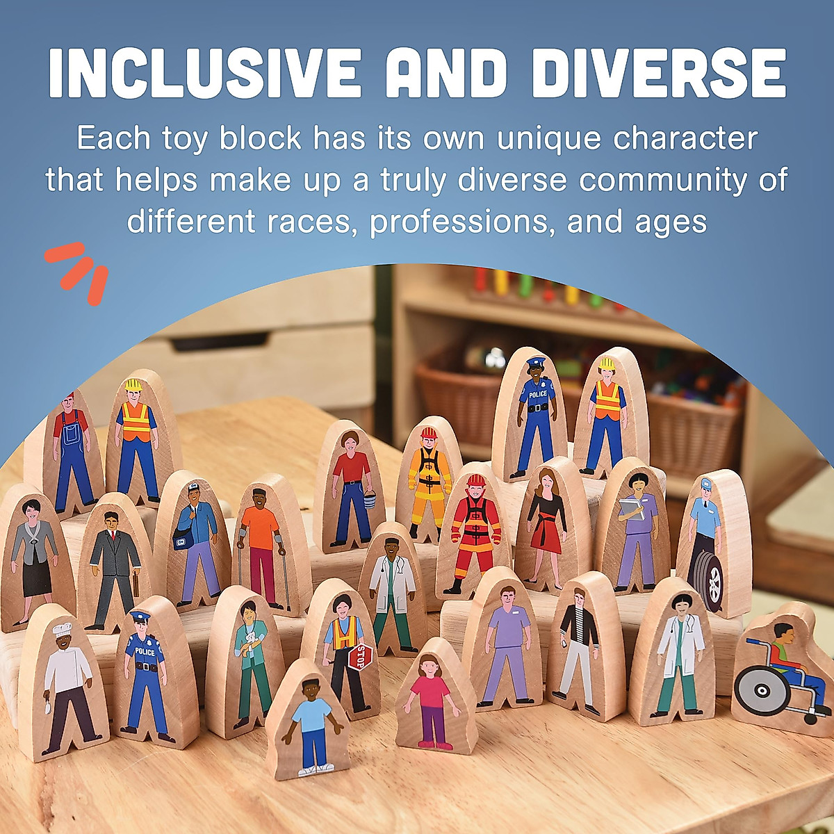 Constructive Playthings Wooden Community Helpers 25-Piece Wood Block Play Figurine Set, Freestanding Inclusive and Diverse Wood Toy Figures for Kids Ages 3+