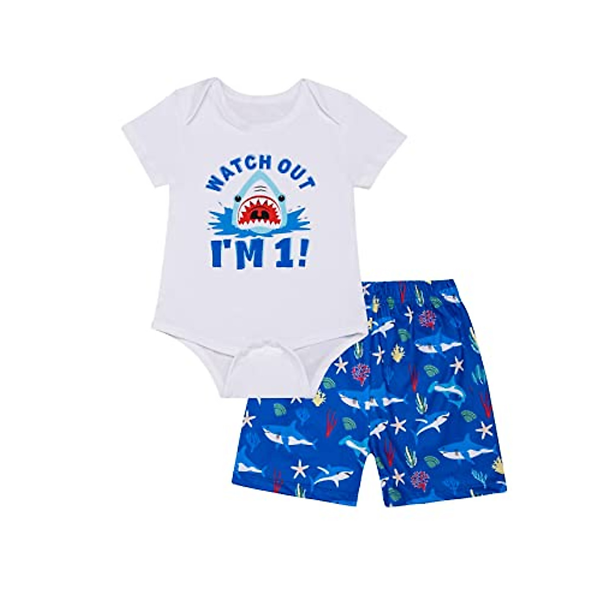 MOMMY'S NEW MAN Toddler Baby Boy 1st Birthday Shark Short Sleeve One Years Old Outfit + Short Cake Smash Bodysuit Set (shark 1, 18-24 Months)