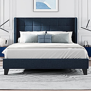 Allewie Queen Size Platform Bed Frame with Wingback/Fabric Upholstered Square Stitched Headboard and Wooden Slats/Mattress Foundation/Box Spring Optional/Easy Assembly, Navy Blue
