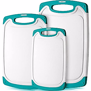 Zulay Kitchen (3-Piece Set) Cutting Boards For Kitchen Dishwasher Safe - Plastic Cutting Board Set - Non Slip Kitchen Cutting Board With Juice Groove - Multiple Sizes (White/Turquoise)