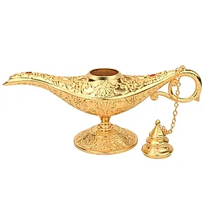 LAUYOO Classic Aladdin Magic Genie Lamp Legend Wishing Light Costume Lamp Metal Carved Arabian Props for Home Tabletop Decoration Party Birthday Halloween Christmas Size 7 x 20.7 x 11.3CM-Gold