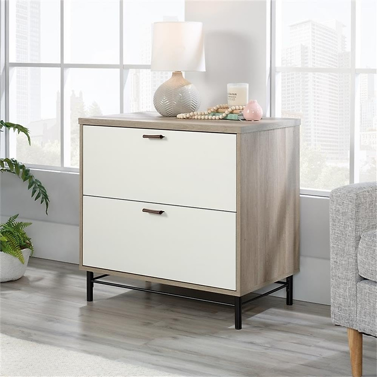 Sauder Anda Norr Wood Lateral File Cabinet with White Accents, Sky Oak Finish