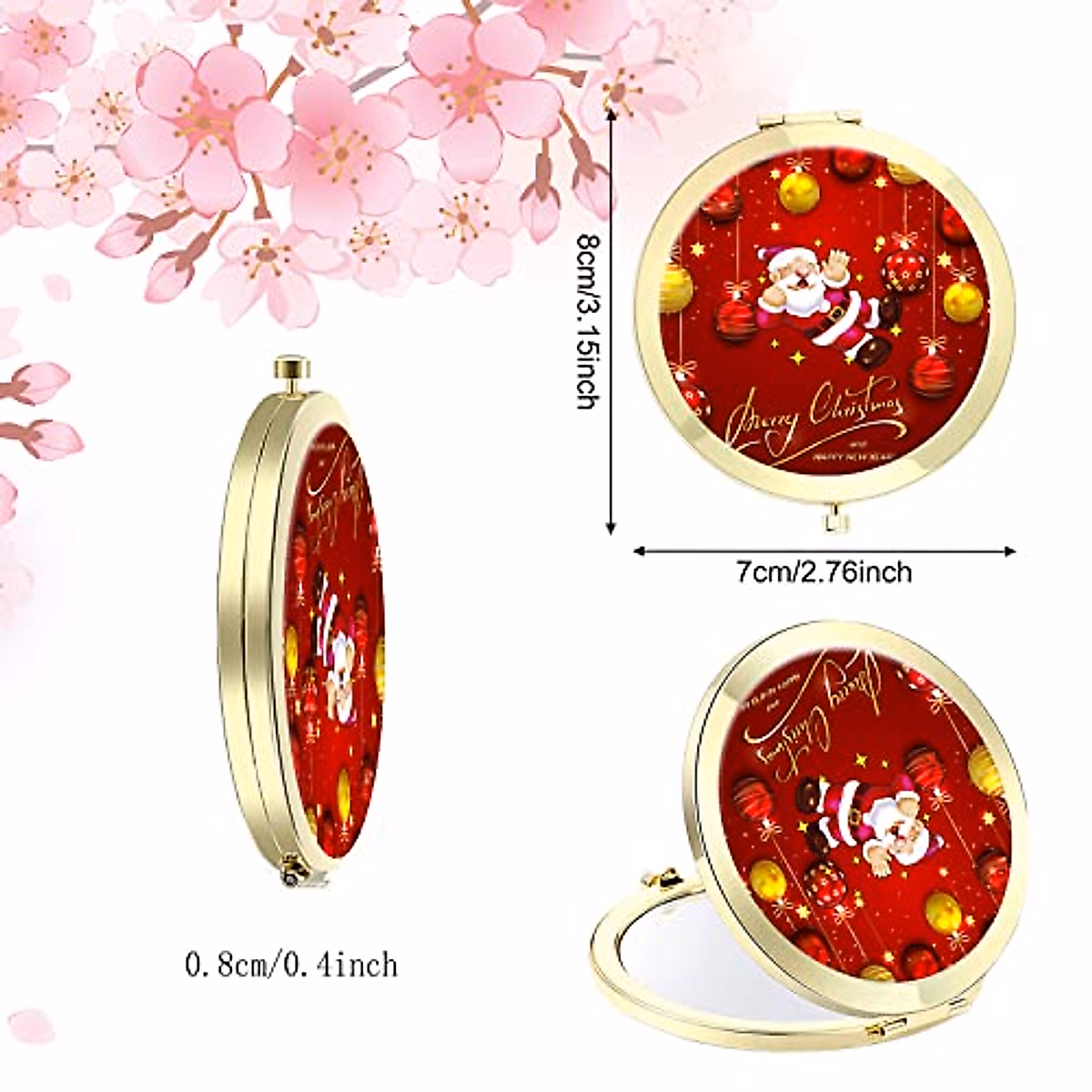LONNAONE Compact Mirror for Women,Round Mini Pocket Travel Makeup Mirror,Pretty Portable Folding Small Pocket Mirror for Handbag,Purse,Double Sided Handheld Pocket Mirror(Golden Happy Christmas