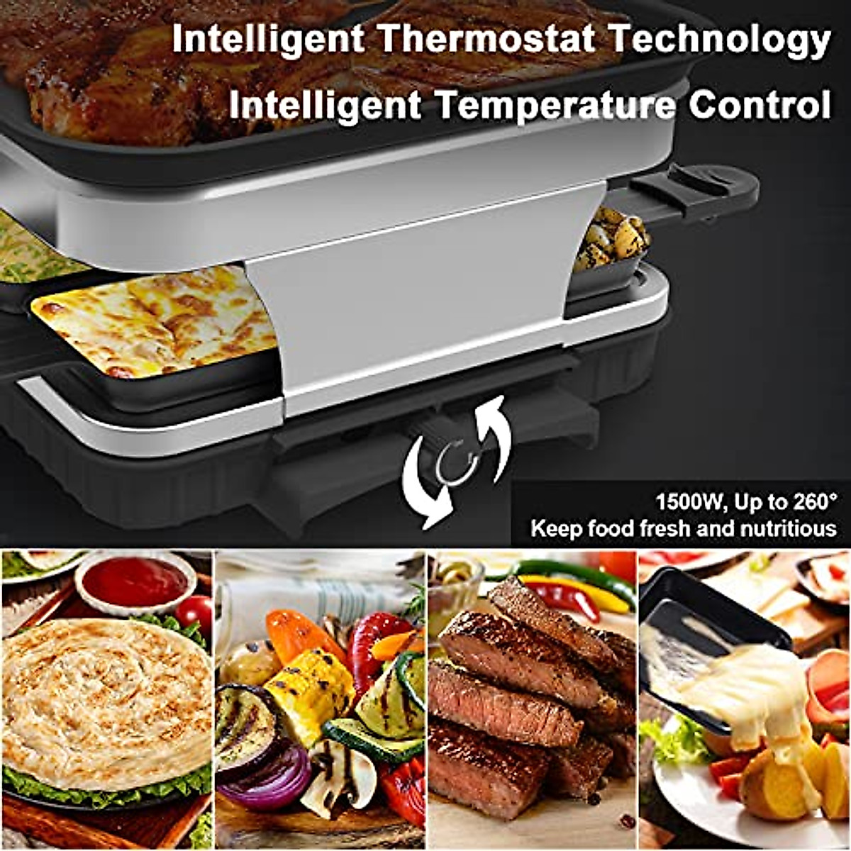 Indoor Grill Smokeless Korean BBQ Grill 2 IN 1 Griddle Electric Grill Raclette Table Grill Kitchen Appliances with 8 Mini Grill Cheese Pans Christmas Gift Removable Non-Stick Temperature Control,1500W