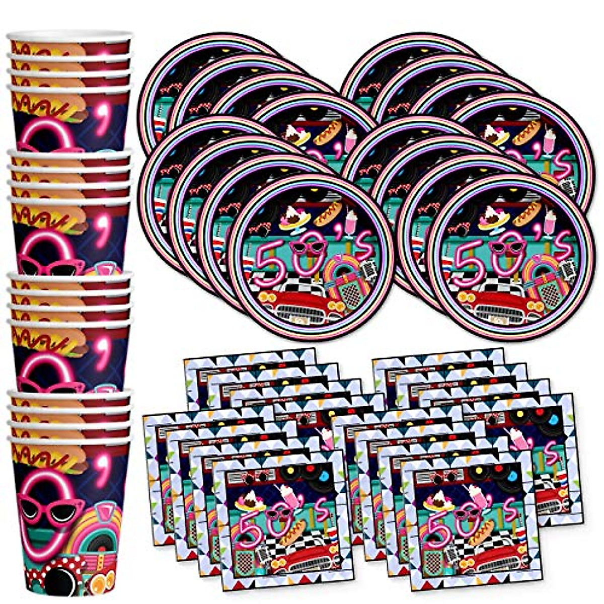 50's Diner Birthday Party Supplies Set Plates Napkins Cups Tableware Kit for 16