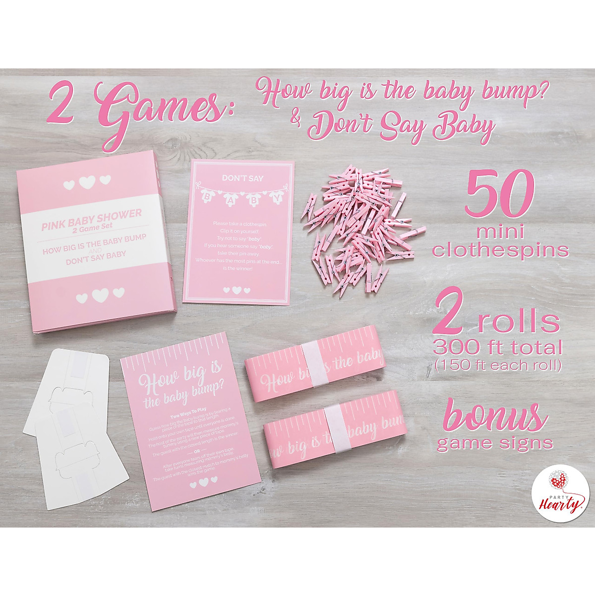 Party Hearty Funny Baby Shower Games for Girl, Set of 2: How Big is The Baby Bump & Don't Say Baby, Pink
