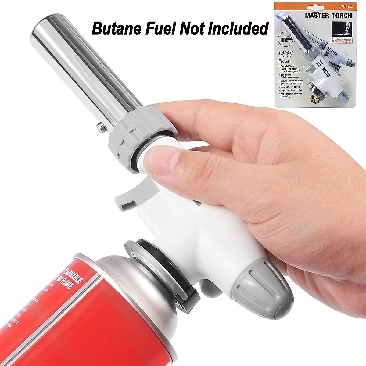 FunOwlet Butane Torch Lighter + Butane Torch Head, Culinary Torches Chef Cooking Professional Adjustable Flame with Reverse Use for Creme, Brulee, BBQ, Baking, Jewelry