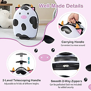 BABY JOY Kids Luggage, 16” Hard Shell Carry-On Suitcase w/LED Flashing Rolling Wheels, Telescopic Handle, Upright Travel Trolley Luggage for Toddlers Girls Boys, Airplane Approved (Little Milk Cow)