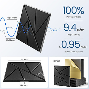 18 pack Acoustic Panels With Self-Adhesive, 12"X 12"X 0.4"Sound Proof Foam Panels, Sound Panels High Density, Soundproof Wall Panels for Home Studio Office-Black