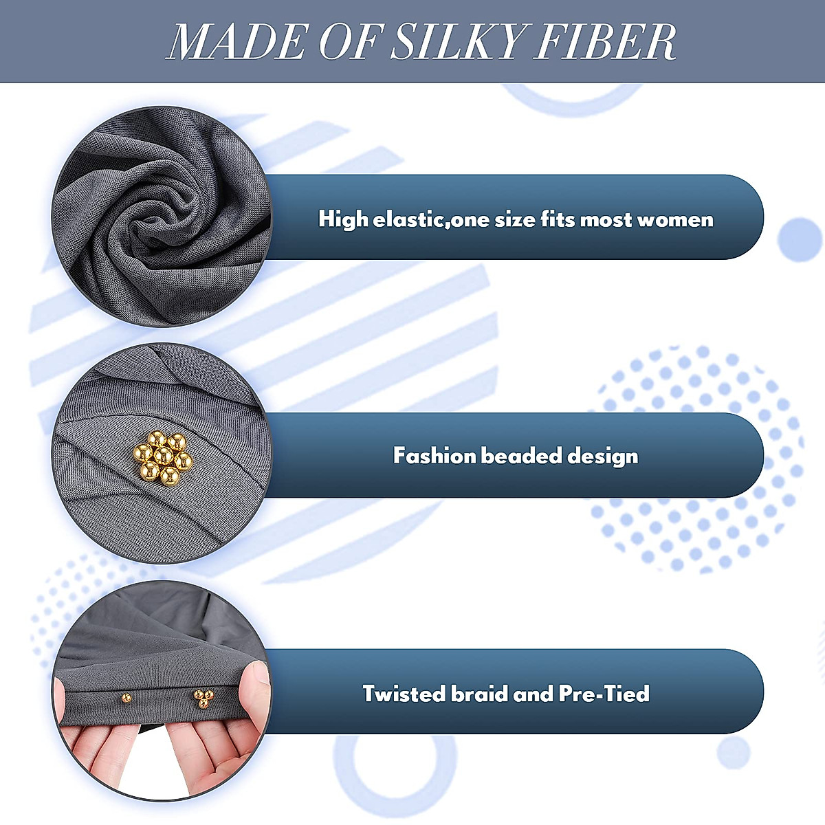 SATINIOR 6 Pieces Women African Turban Caps Twisted Braid Beaded Head Wraps Bonnet Beanie Headscarf Solid Color Elastic Wrap Cap for Women