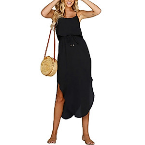 NERLEROLIAN Women's Adjustable Strappy Split Summer Beach Casual Midi Dress Black