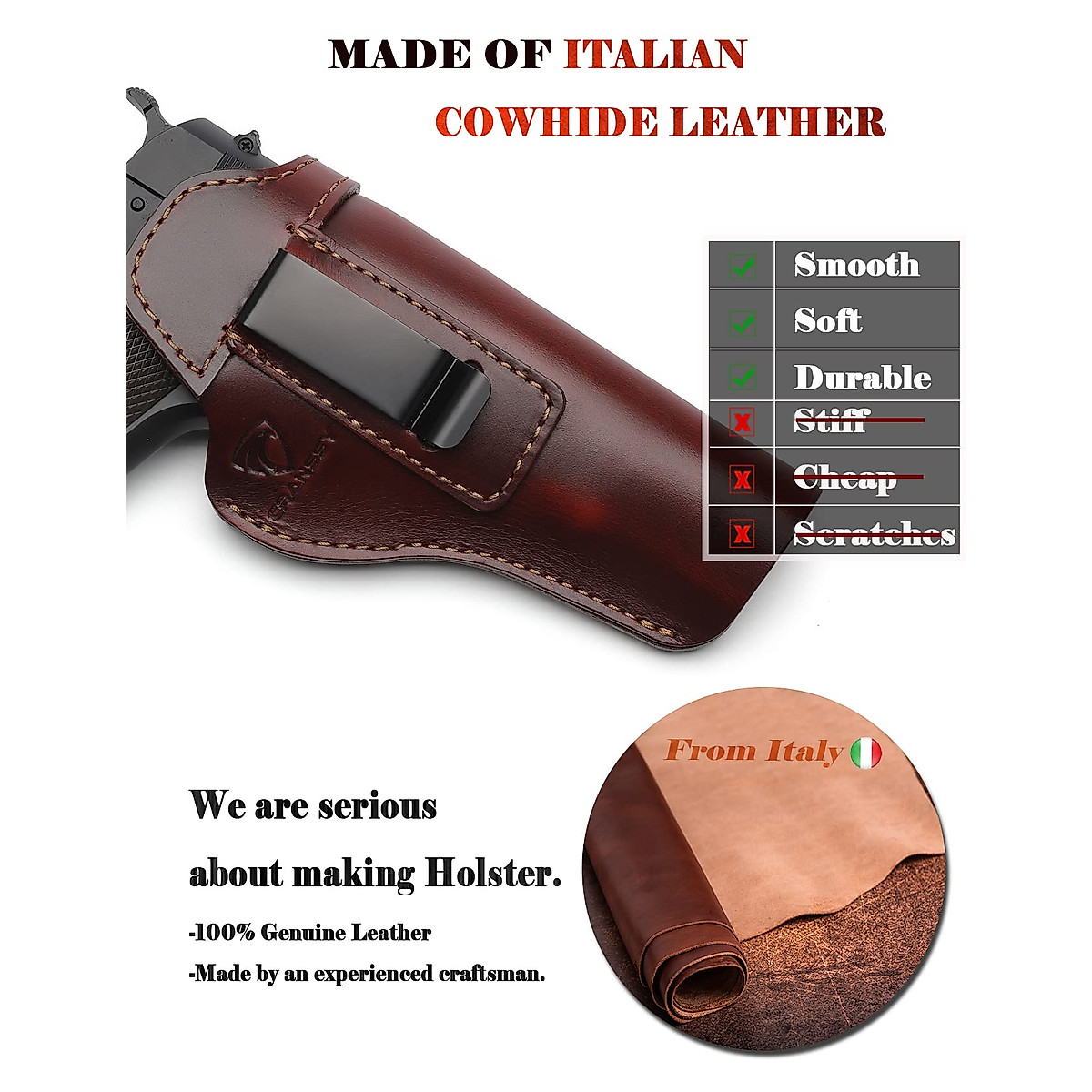 Cranssy 1911 Holster - Genuine Leather IWB Holster for Concealed Carry - Compatible with Kimber 1911/Colt 1911 /S & W 1911/Sig Sauer 1911/ Remington - Ruger & More 5 inch Barrel Pistols (Brown, Right)