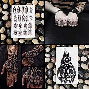 Oottati Waterproof 9 Sheets Back of Hand Fake Temporary Tattoo Stickers - Black Halloween Skull Horror Eye Devil Sun Moon Totem (Halloween)